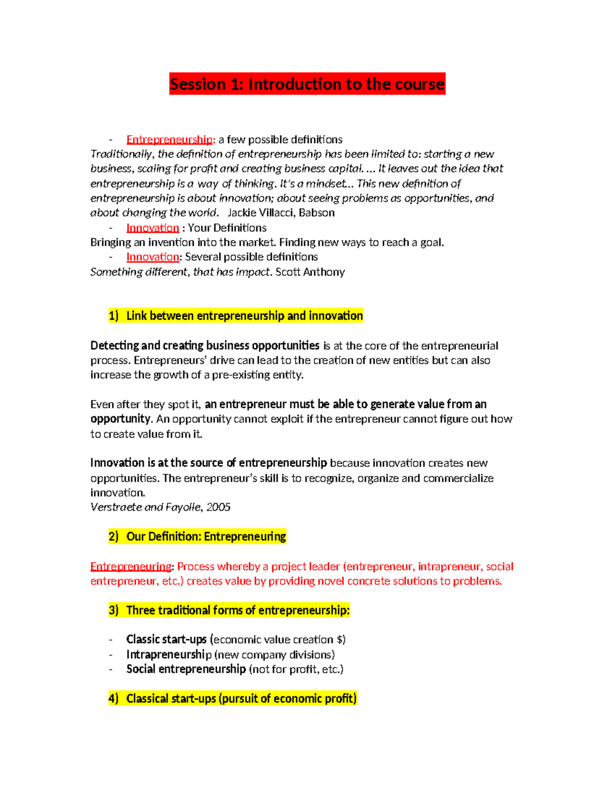 Entrepreneurship-notes - Session 1: Introduction to the course ...