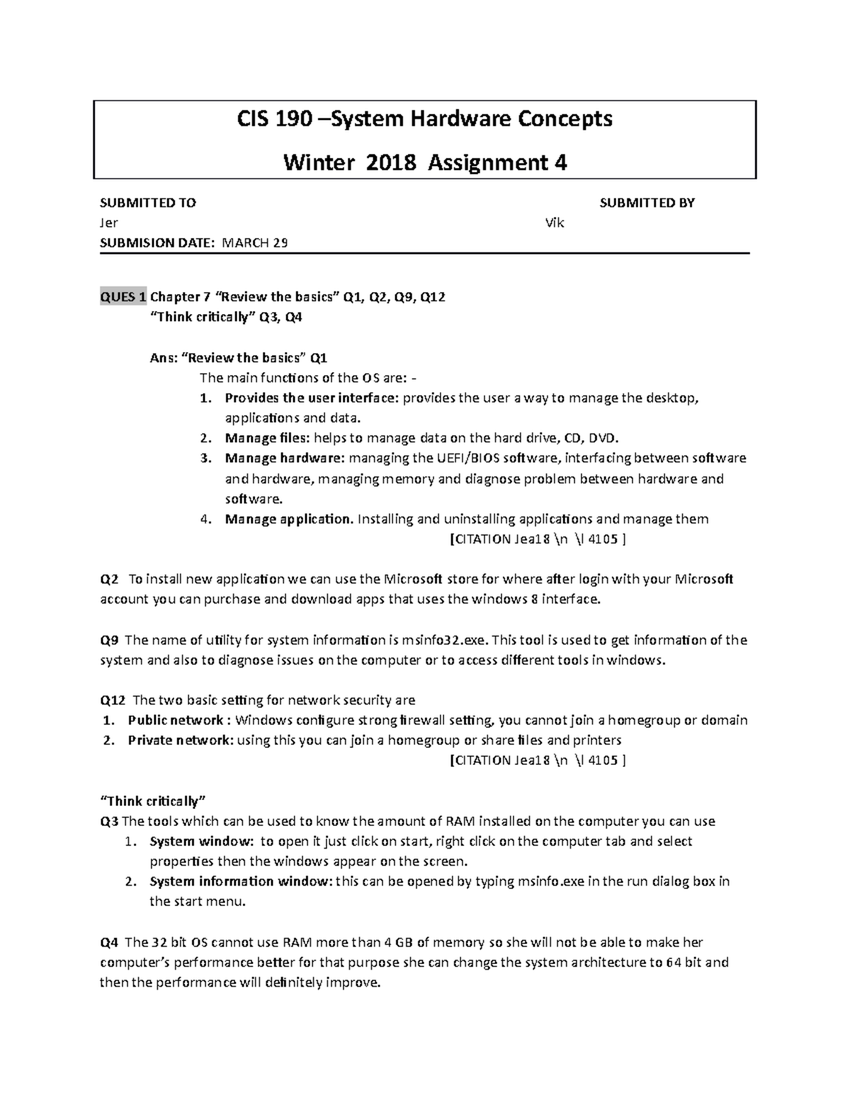CIS 190 assignment 4 - CIS 190 –System Hardware Concepts Winter 2018 ...