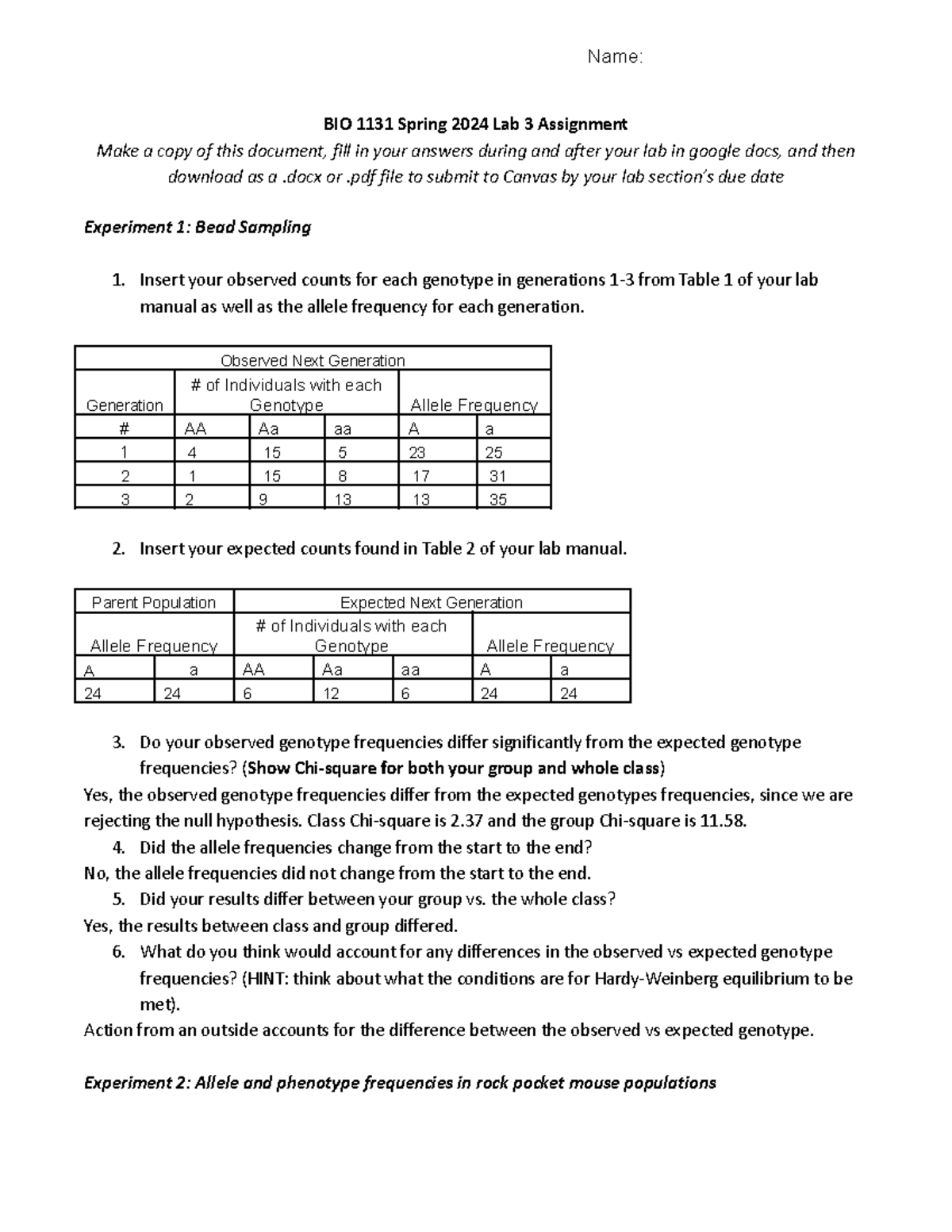 Copy of Lab 3 Population Genetics SP24 Worksheet - BIO 1131 Spring 2024 ...