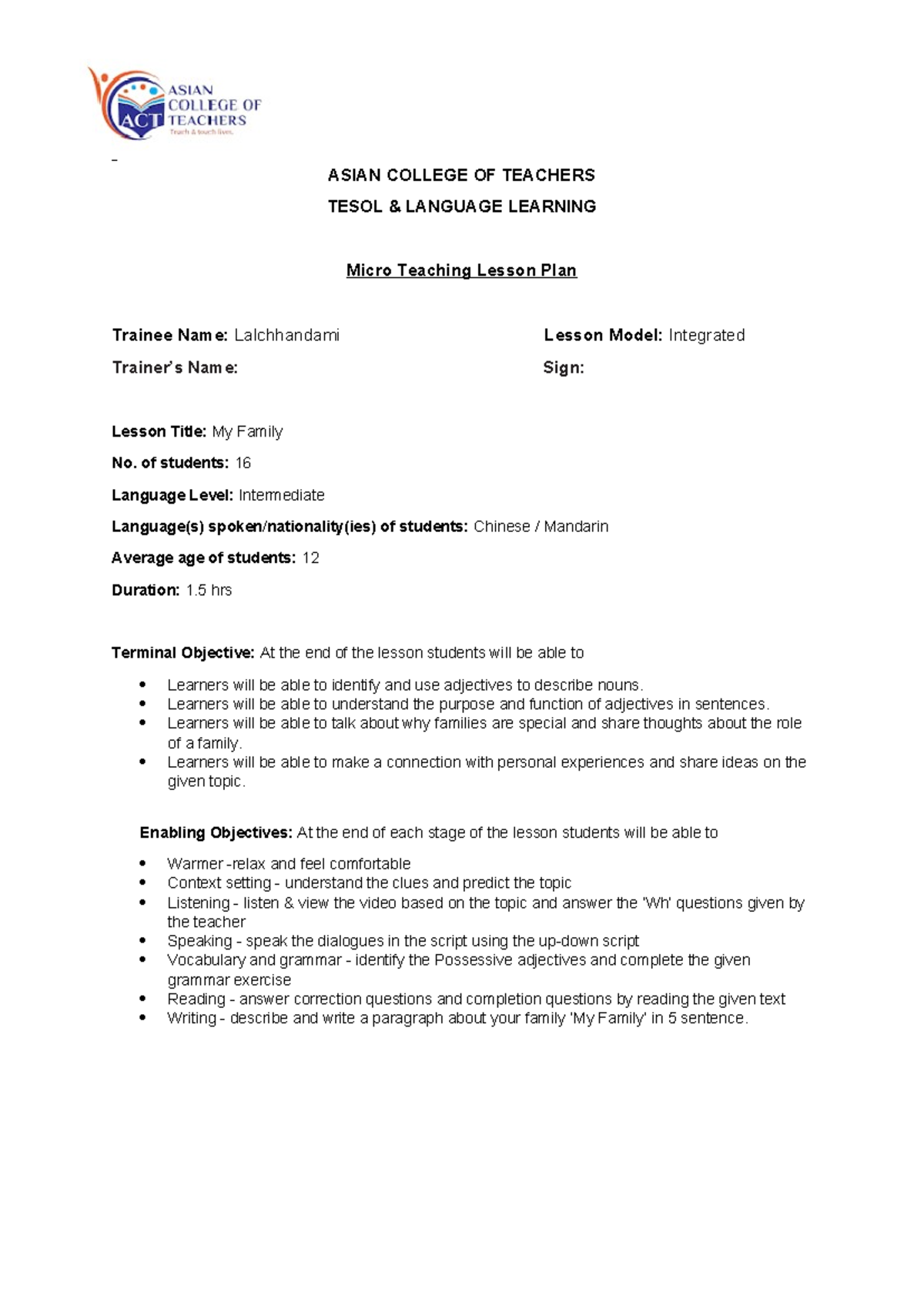 Micro Teaching Lesson Plan - ASIAN COLLEGE OF TEACHERS TESOL & LANGUAGE ...