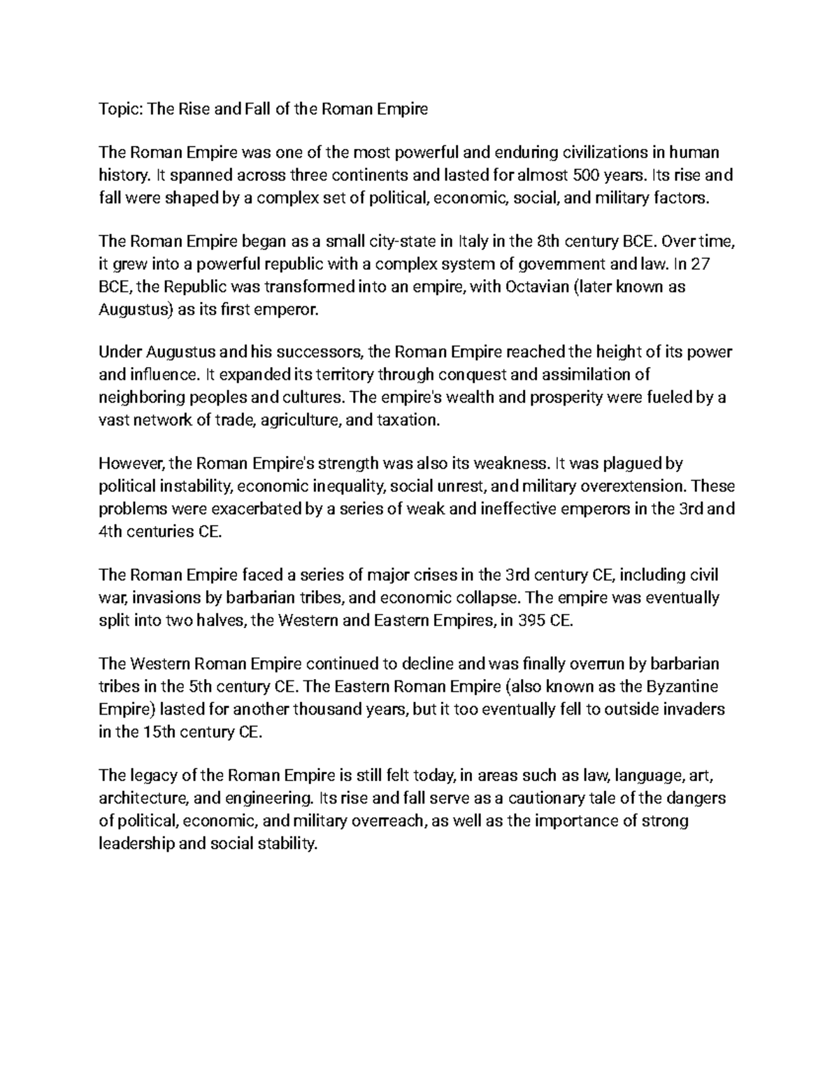 Topic The Rise and Fall of the Roman Empire - It spanned across three ...