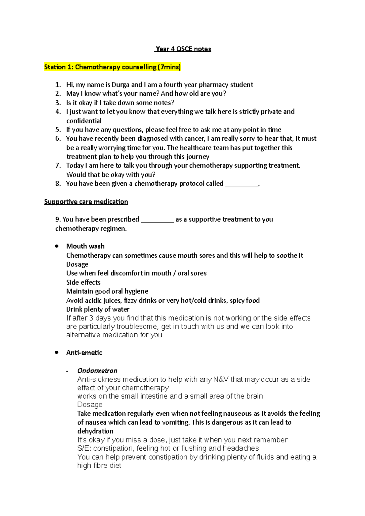 OSCE notes - Year 4 OSCE notes Station 1: Chemotherapy counselling ...