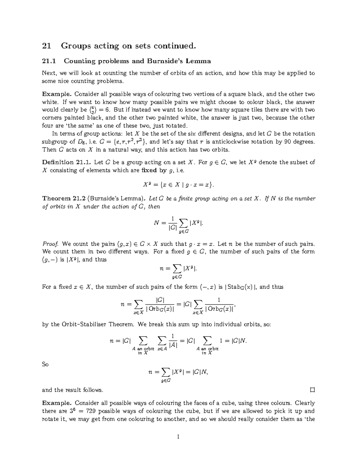 Lecture 21 - Class Notes - 21 Groups acting on sets continued. 21 ...