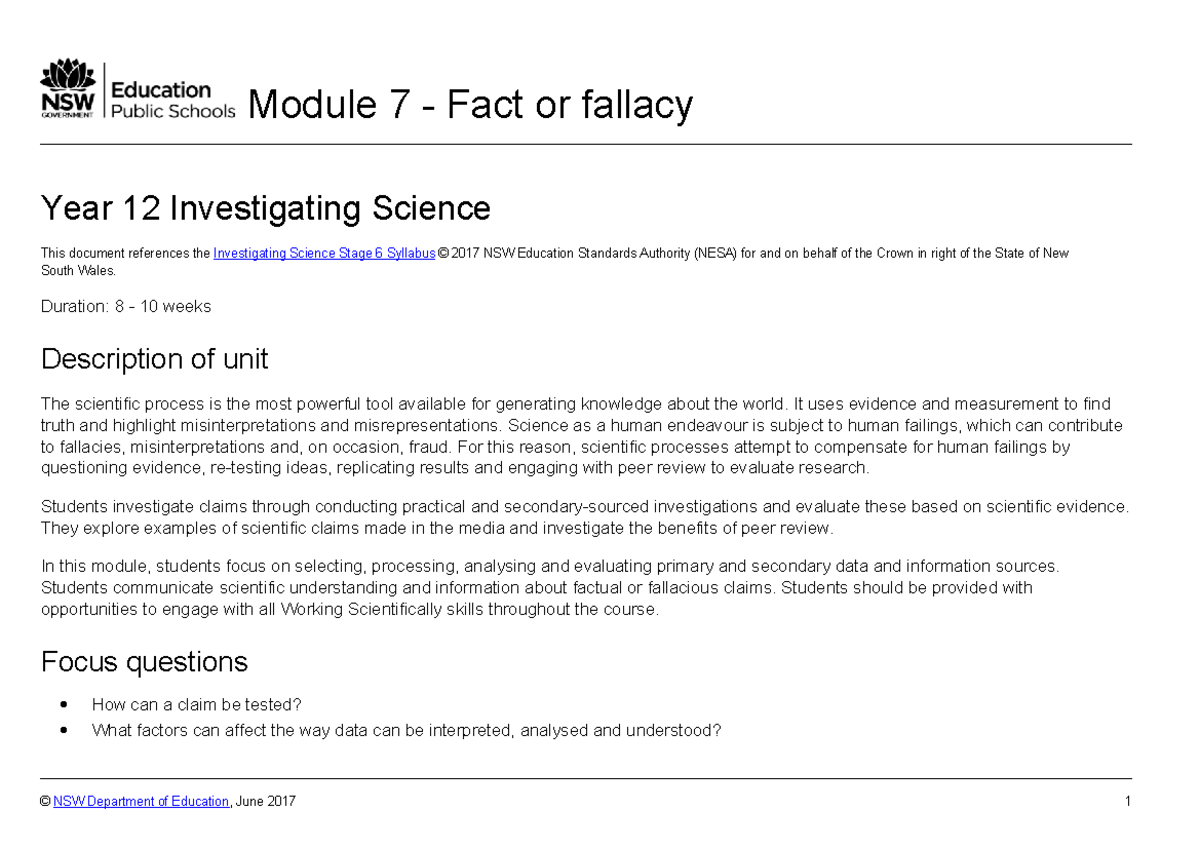 M7 fact or fallacy unit investigating science - Module 7 - Fact or ...