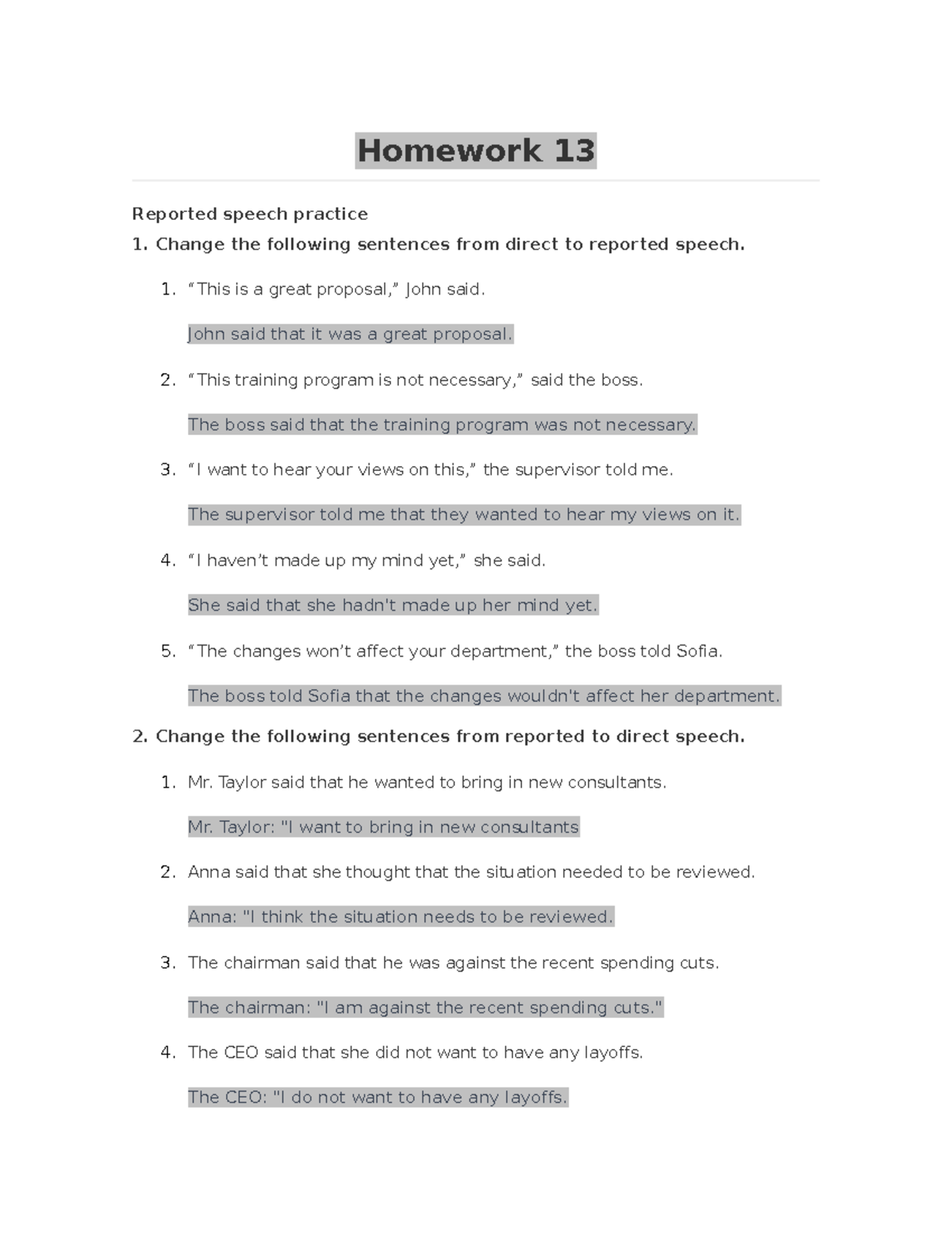 Homework 13 - Homework 13 Reported speech practice Change the following sentences from direct to ...