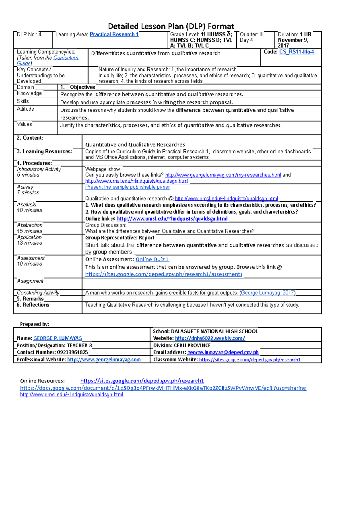 Day 4 - Lecture Notes - Detailed Lesson Plan (DLP) Format DLP No.: 4 ...