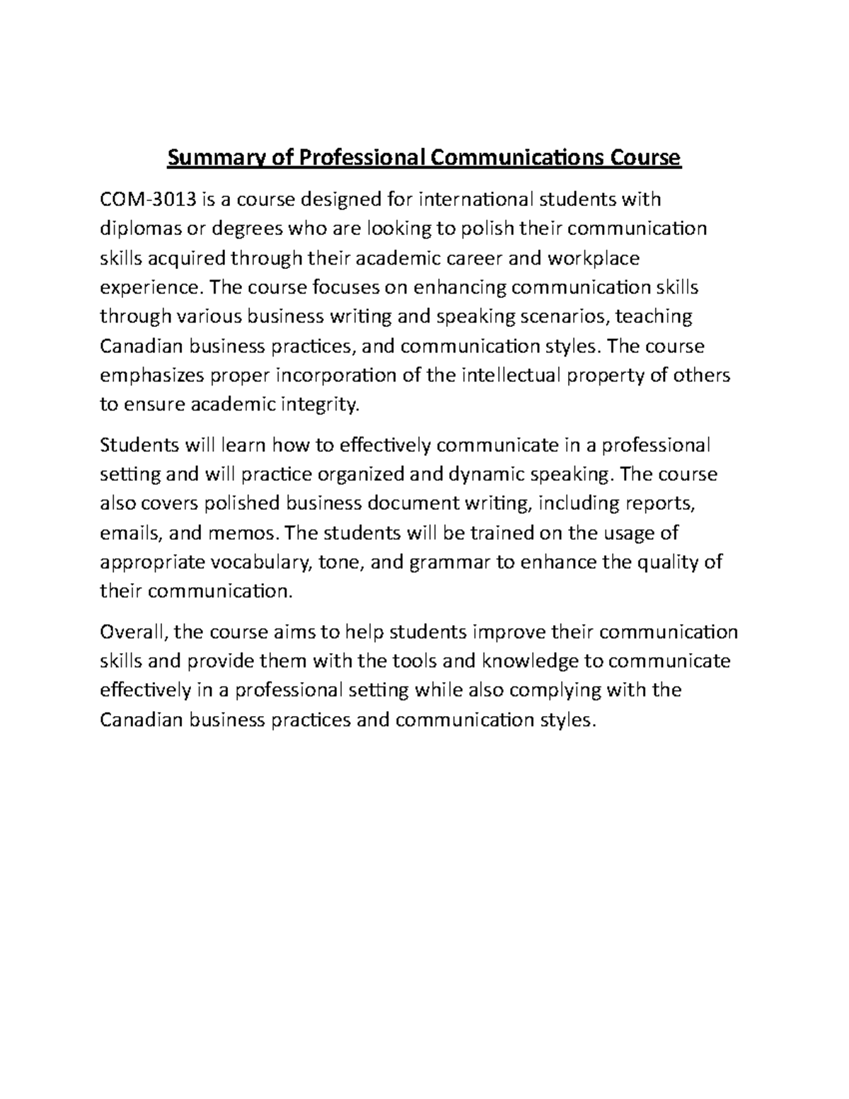 Professional Communications - The course focuses on enhancing ...