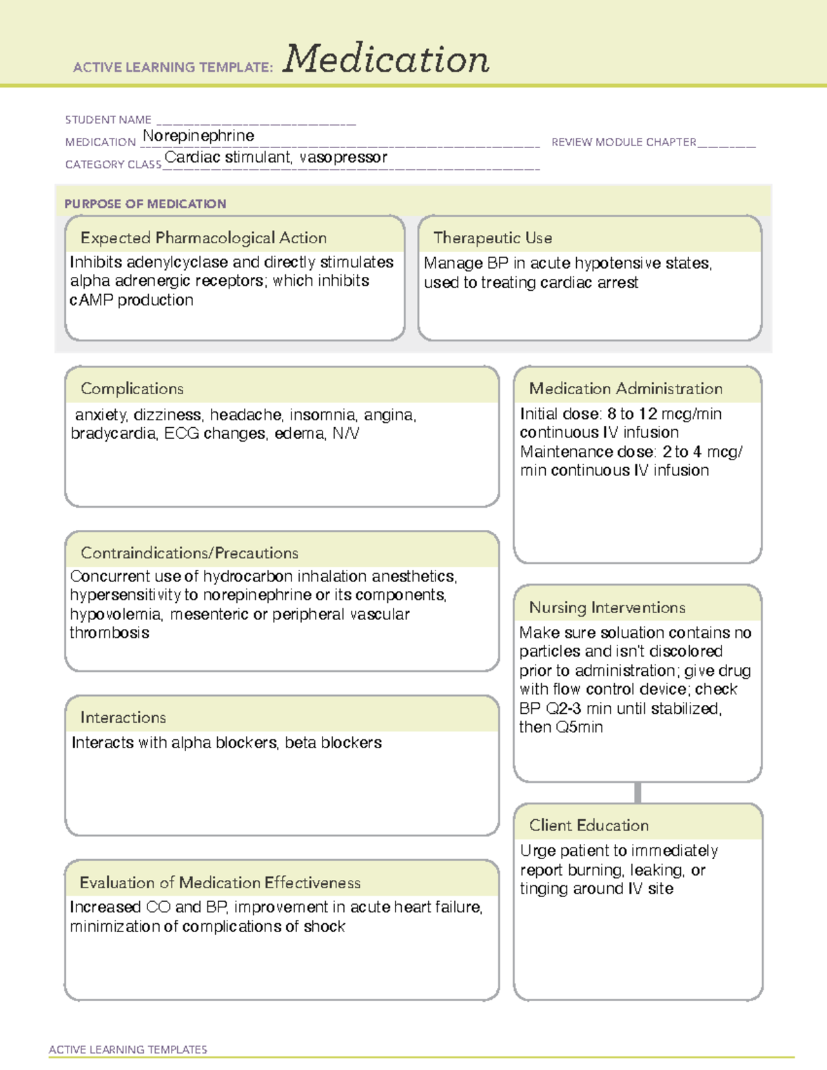 Medication temp for norepinephrine - ACTIVE LEARNING TEMPLATES ...