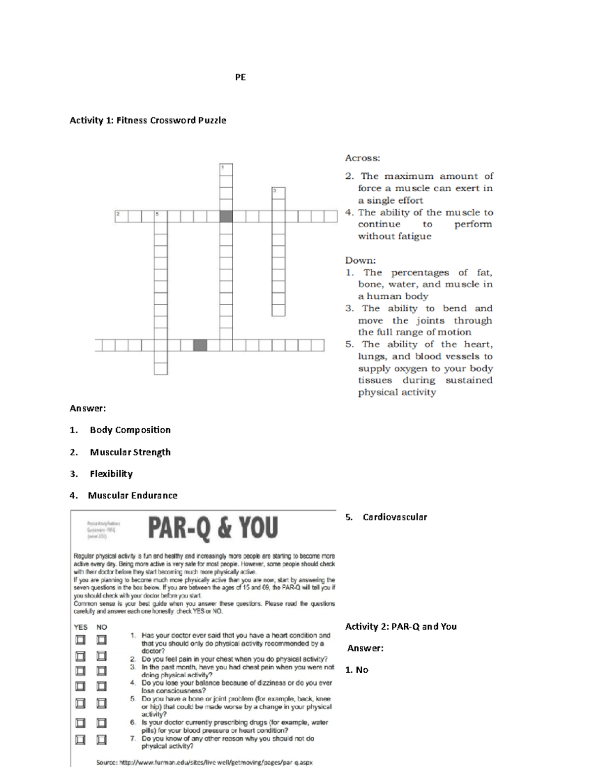 Share Pe Module - PE Activity 1: Fitness Crossword Puzzle **Answer ...