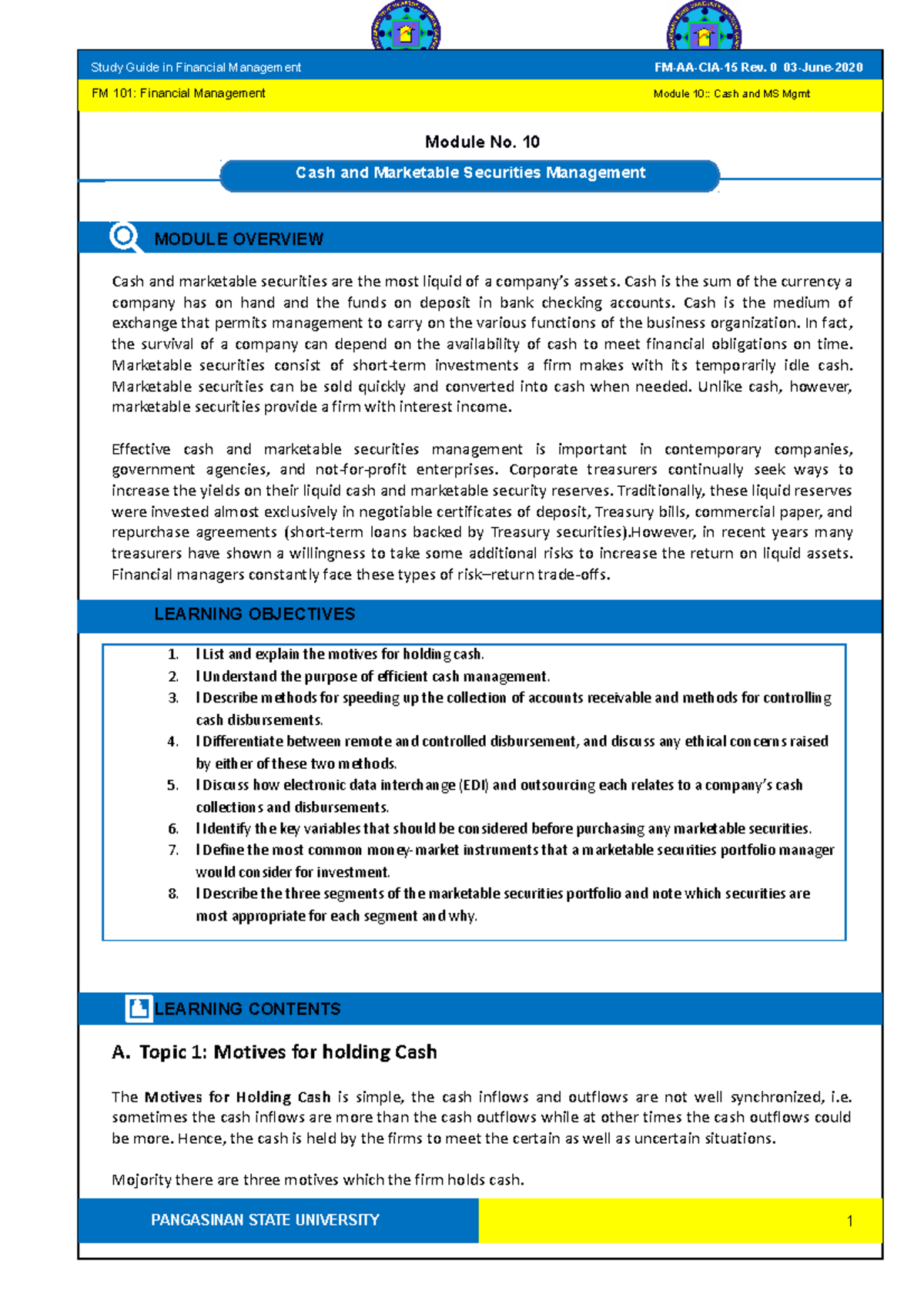 FM 101 SG 10 - Goodluck - Module No. 10 MODULE OVERVIEW Cash and ...