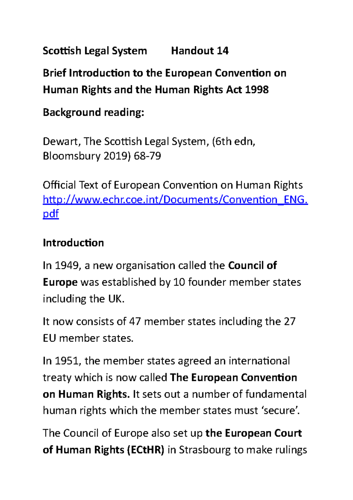 Lecture 14 - ECHR - Scottish Legal System Handout 14 Brief Introduction ...