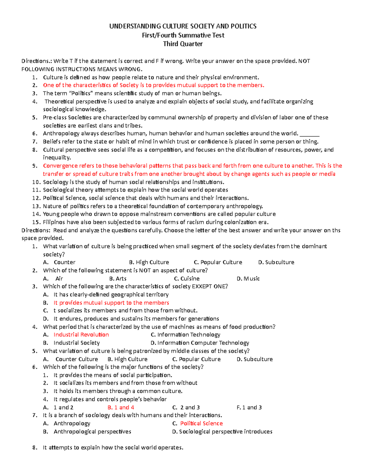 1st contemporary - UNDERSTANDING CULTURE SOCIETY AND POLITICS First ...