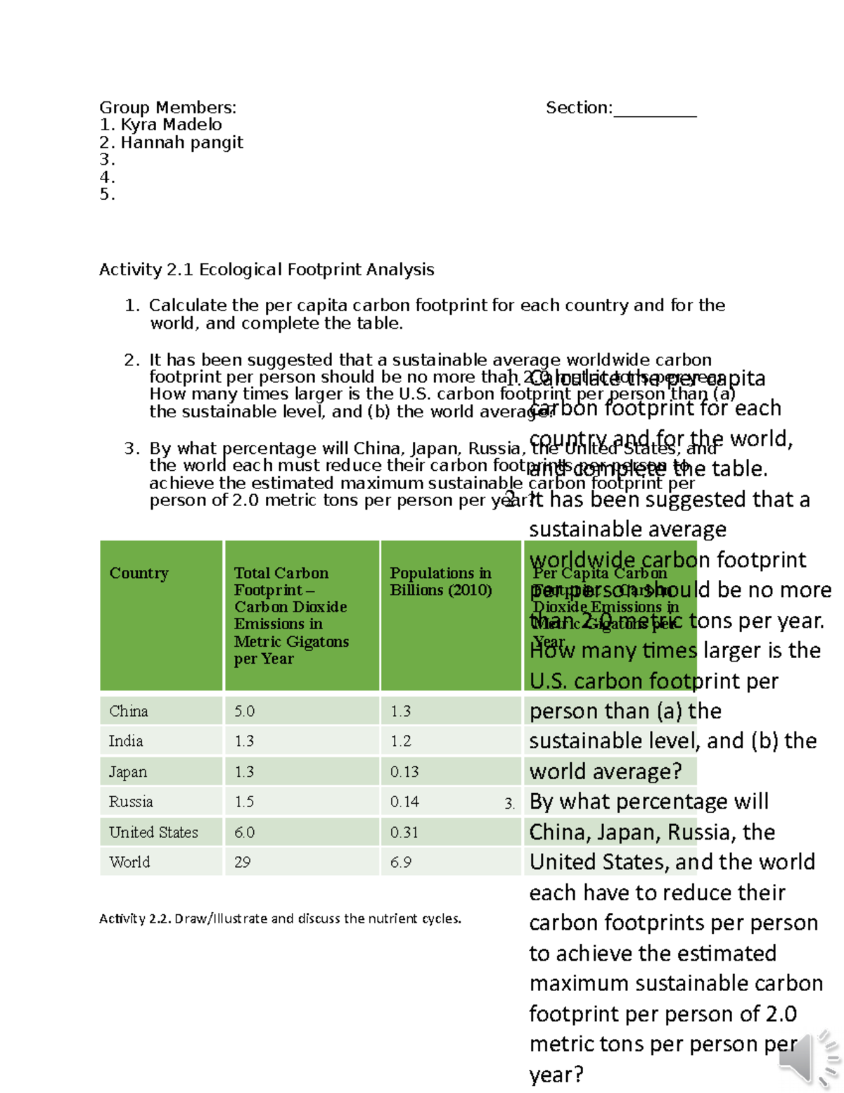 Activity 2. Ecological Footprint and Biogeochemical Cycles - Group ...