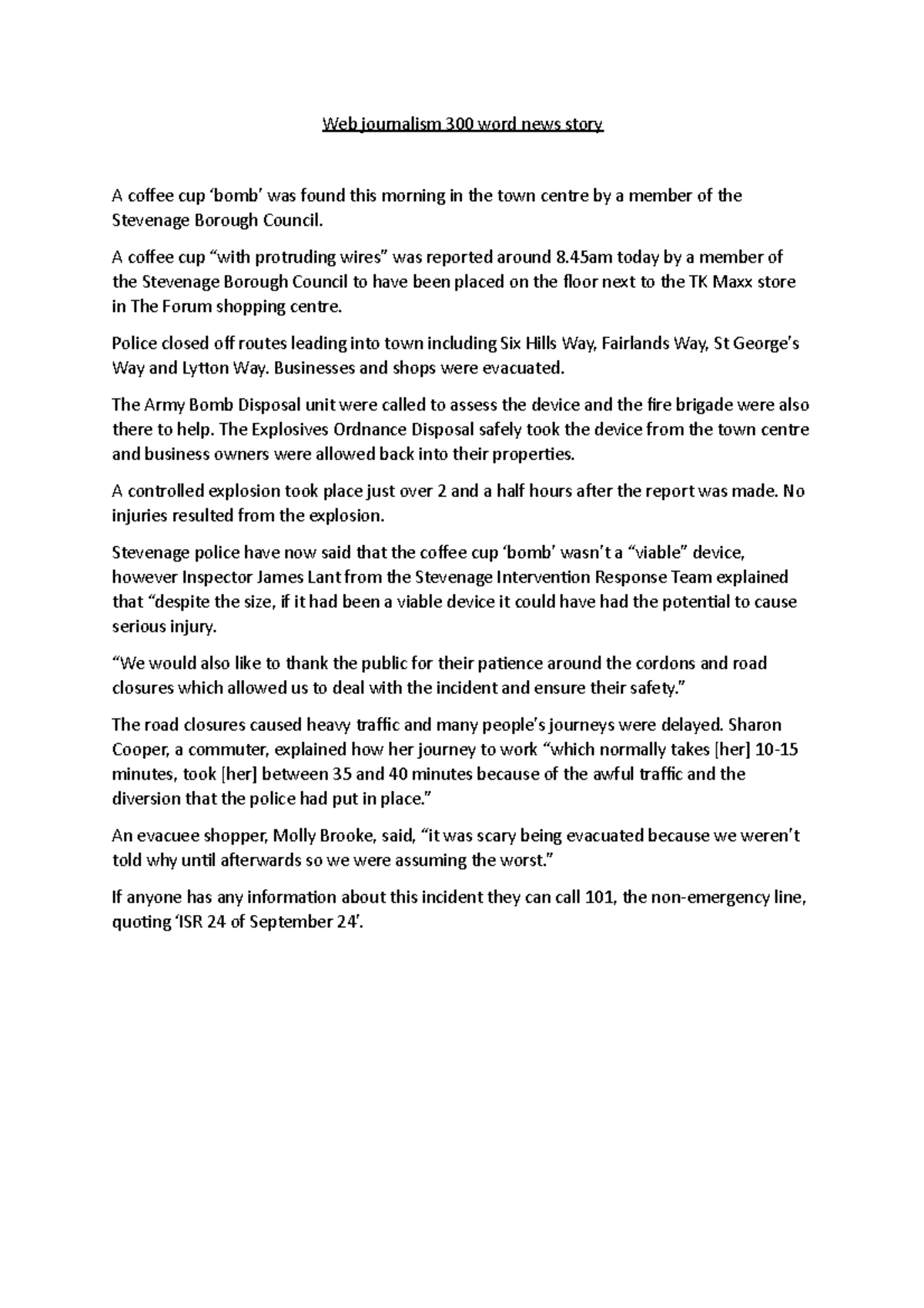 300-word coffee cup bomb news story - Web journalism 300 word news ...