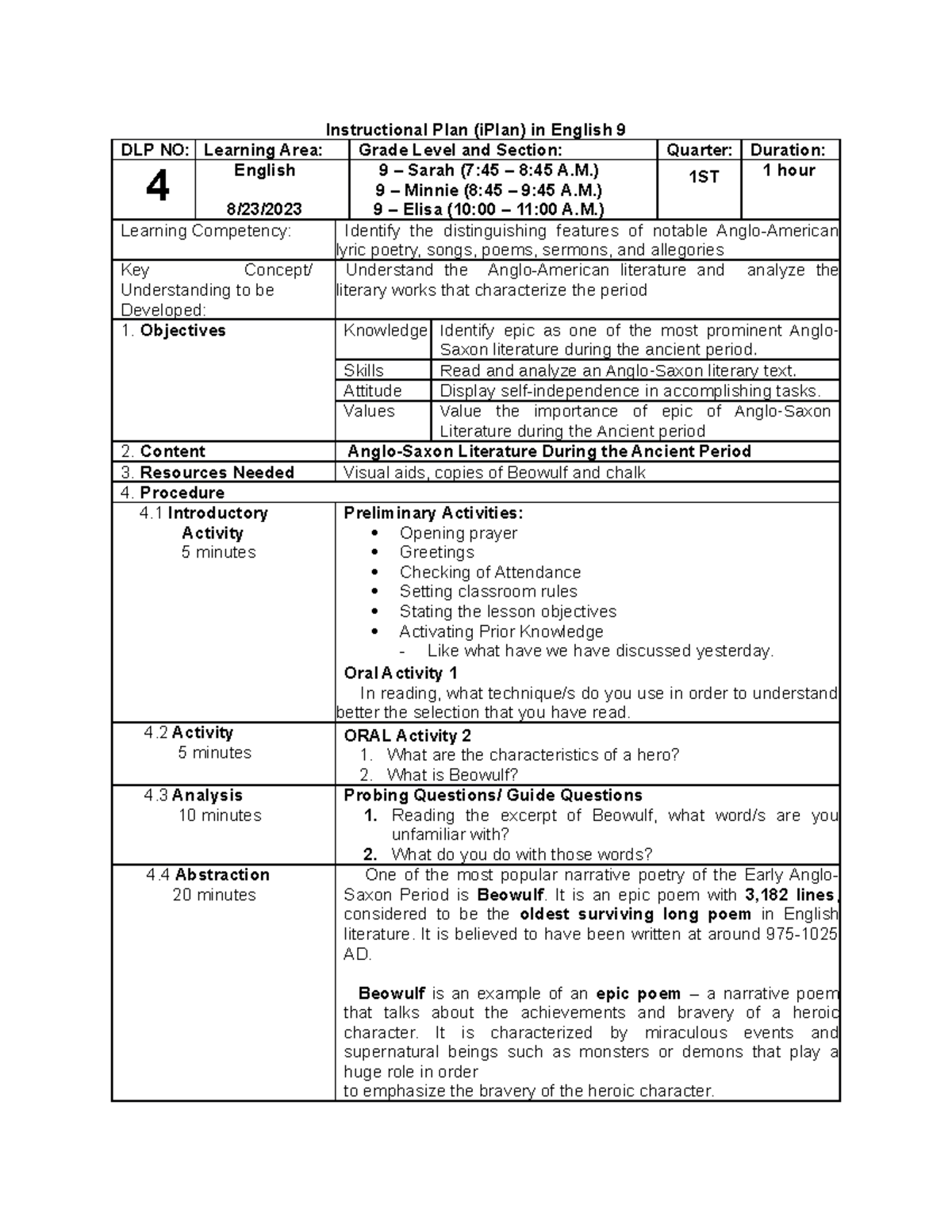 D4 lp - Instructional Plan (iPlan) in English 9 DLP NO: Learning Area ...