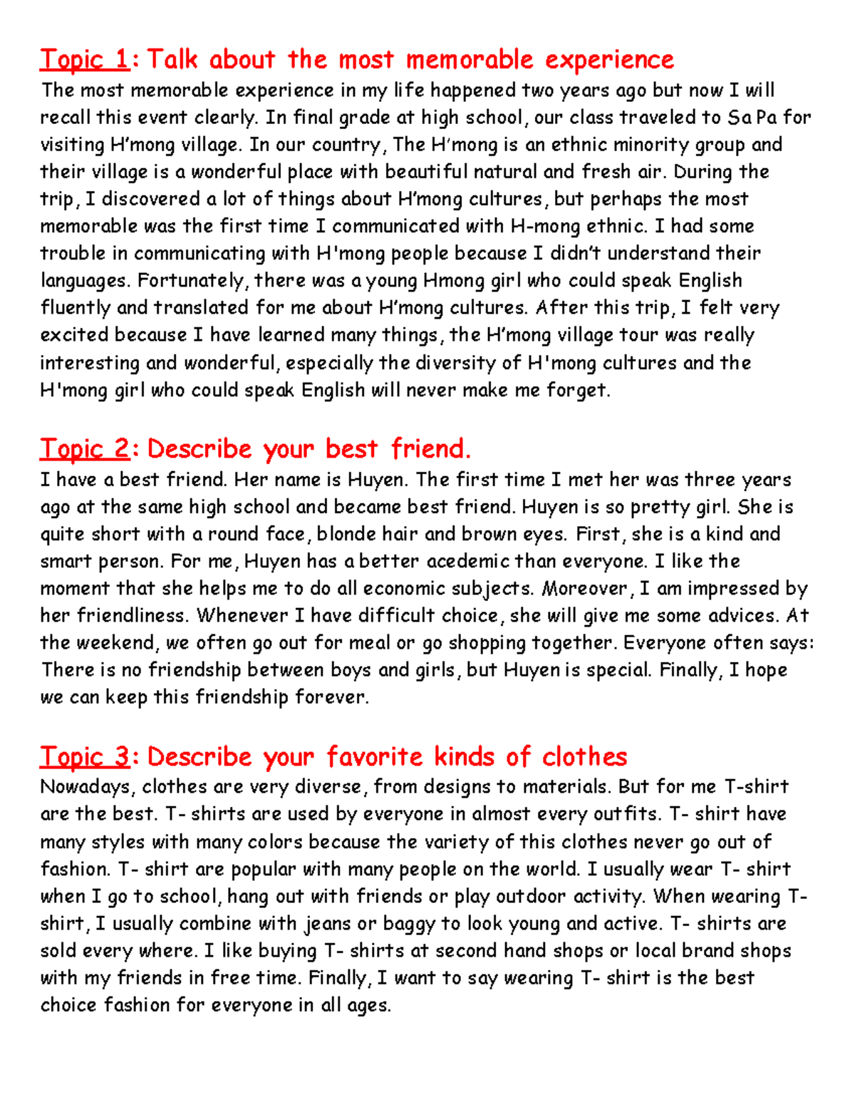 Speaking TATM2 - Topic 1: Talk about the most memorable experience The ...
