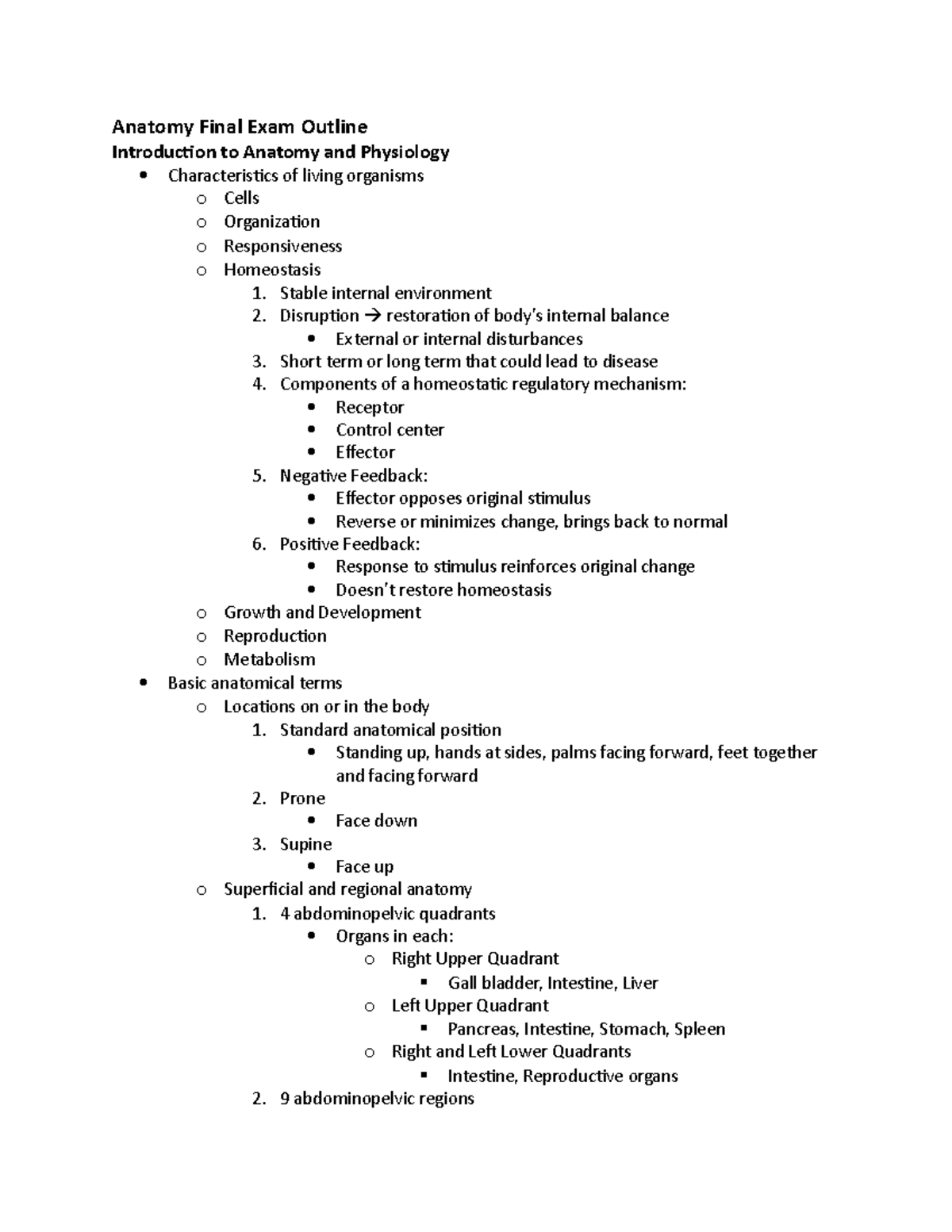 Anatomy Final Exam Outline - Anatomy Final Exam Outline Introduction to ...