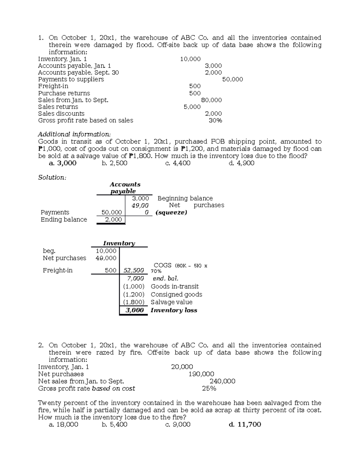 Inv-estimation - Inventory Loss - 1. On October 1, 20x1, the warehouse ...