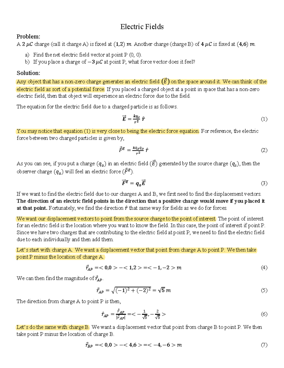 1 Electric-Fields Pre final - Electric Fields Problem: A 2 𝜇𝐶 charge ...