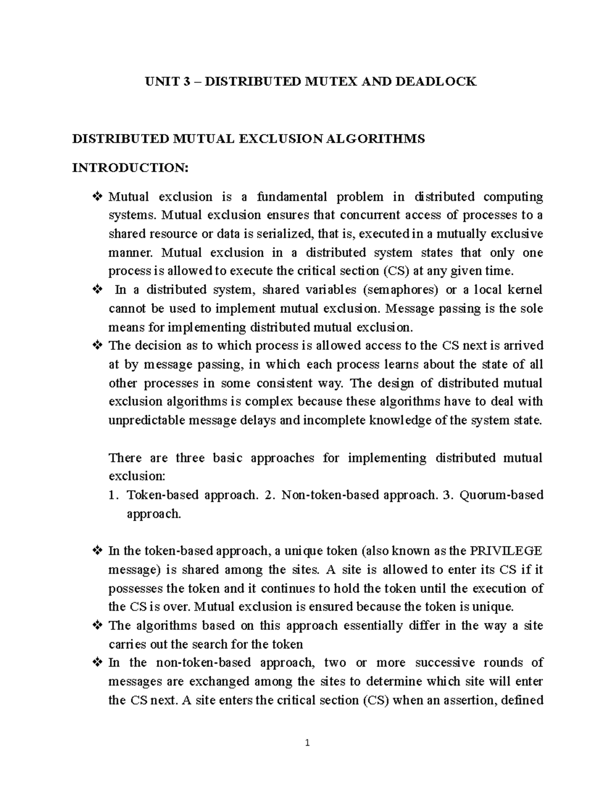 UNIT 3 dc - Summary infomgmt - UNIT 3 – DISTRIBUTED MUTEX AND DEADLOCK DISTRIBUTED MUTUAL ...