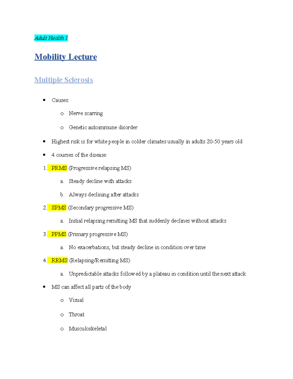 Adult Health I Mobility 1 - Adult Health I Mobility Lecture Multiple ...