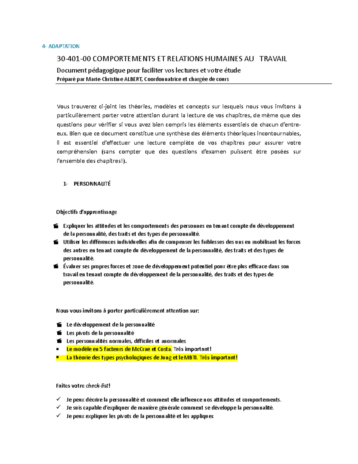 Aide à l'étude exam intra - chap 1 à 4 - 30-401-00 COMPORTEMENTS ET ...