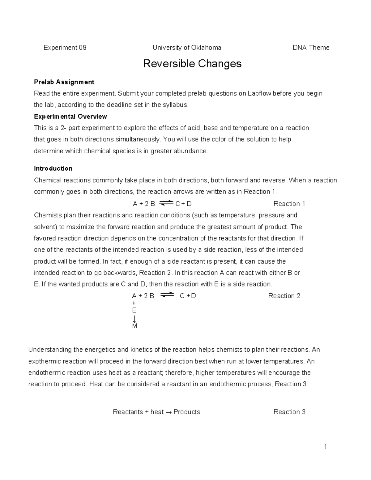 Lab 9 Reversible Changes - Experiment 09 University of Oklahoma DNA ...