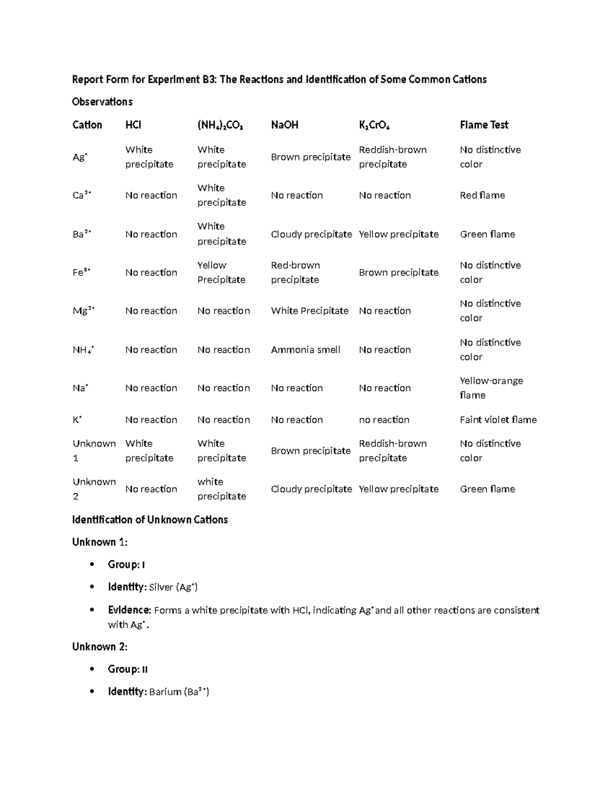 Lab B3 Report - 100% - Report Form for Experiment B3: The Reactions and Identification of Some ...