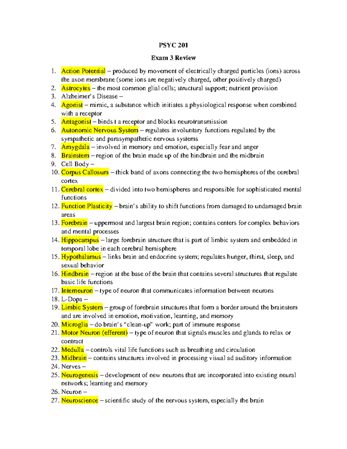 Psyc 201 Exam 3 Review - PSYC 201 Exam 3 Review Action Potential ...