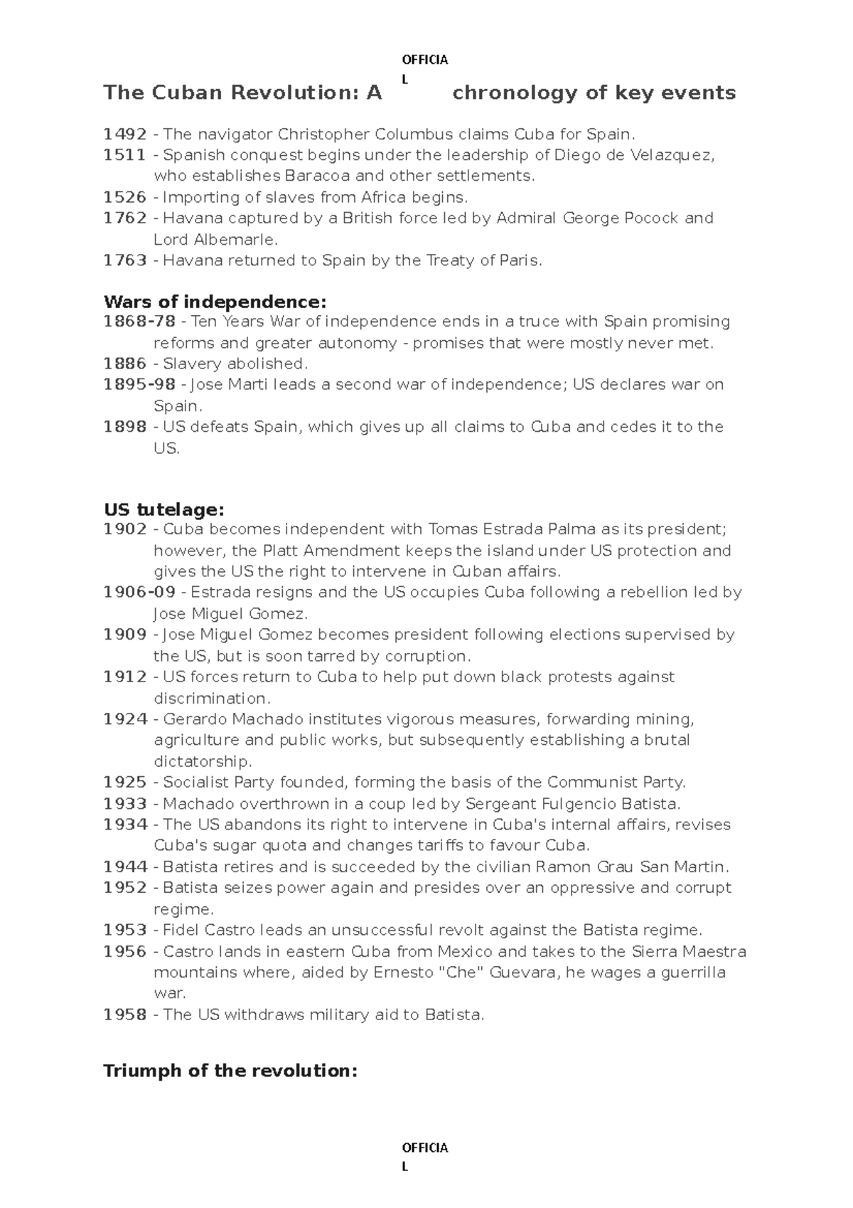 1 The Cuban Revolution Timeline - The Cuban Revolution: A chronology of key events 1492 - The ...