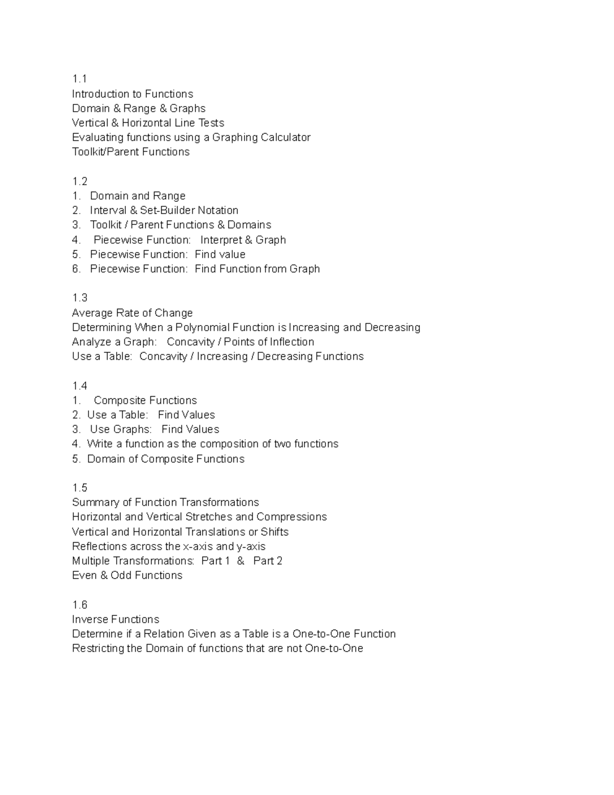 Pre cal class outline - 1 Introduction to Functions Domain Range Graphs ...
