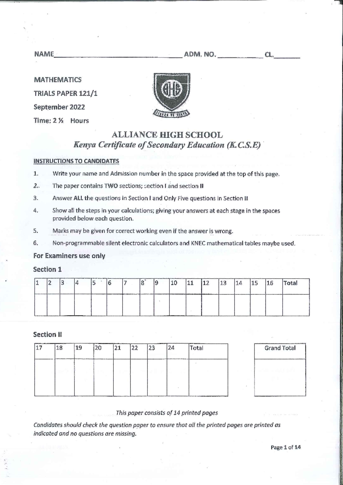 Mathematics Paper 1 - TAKE SECTION 2 - NAME ADM. NO. CL. MATHEMATICS ...