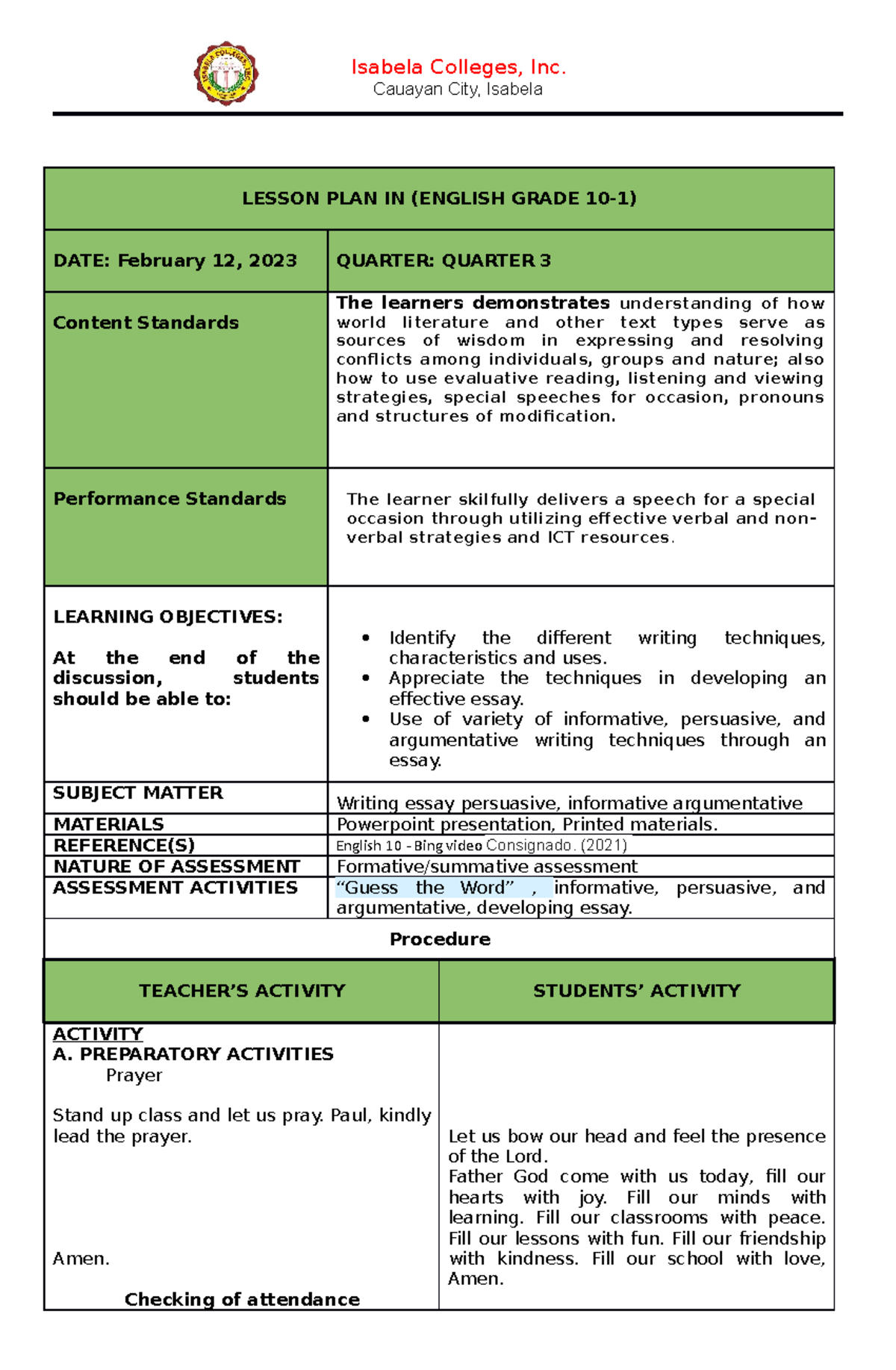 G10 LP Writing Essay - BE RESPONSIBLE - Isabela Colleges, Inc. Cauayan ...