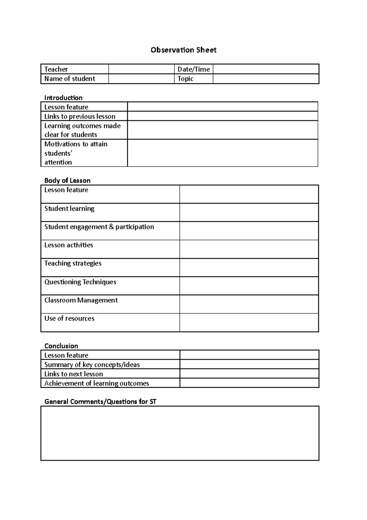 Observation Sheet - Observaion Sheet Teacher Date/Time Name of student ...