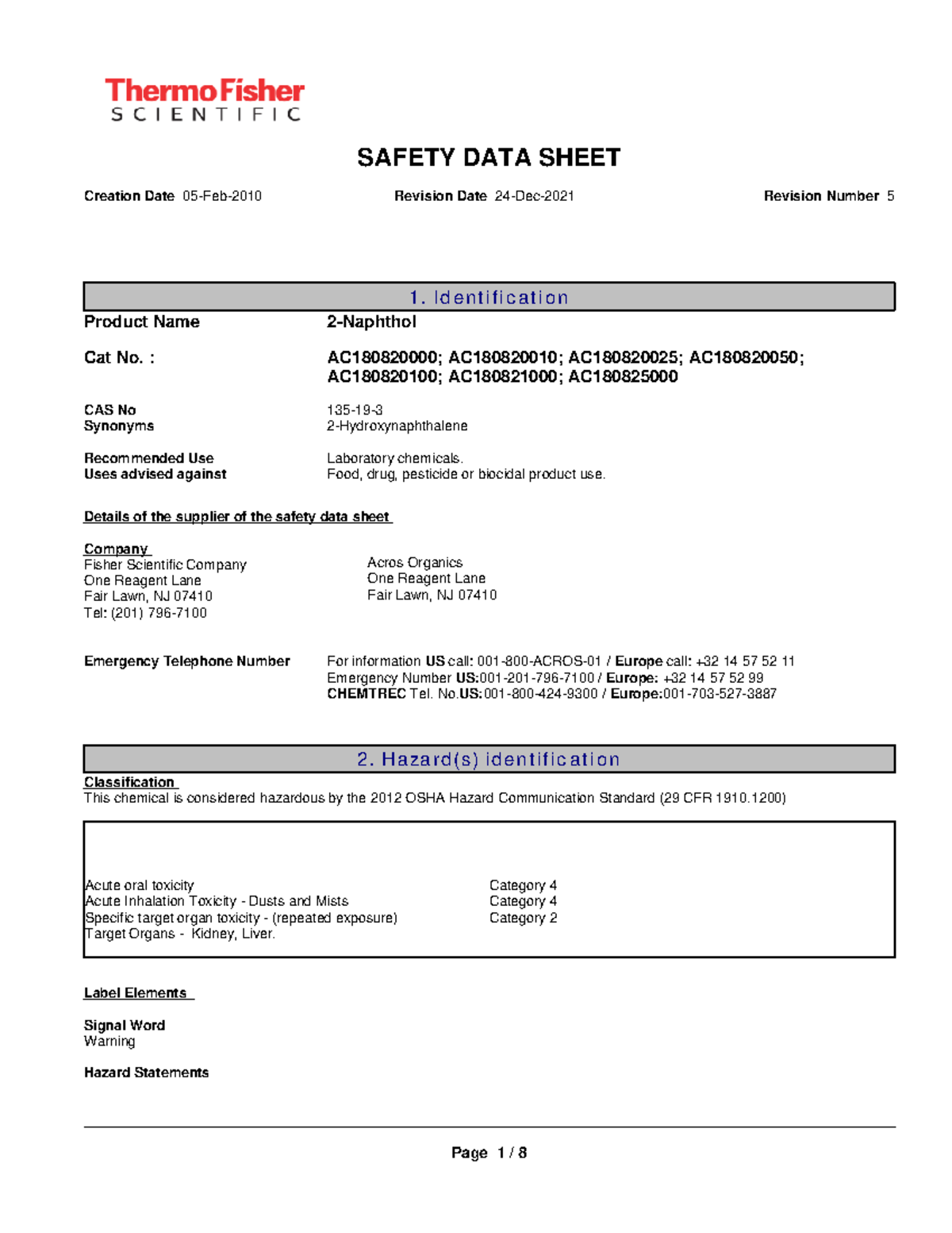 2- Naphthol MSDS - SAFETY DATA SHEET Creation Date 05-Feb-2010 Revision ...
