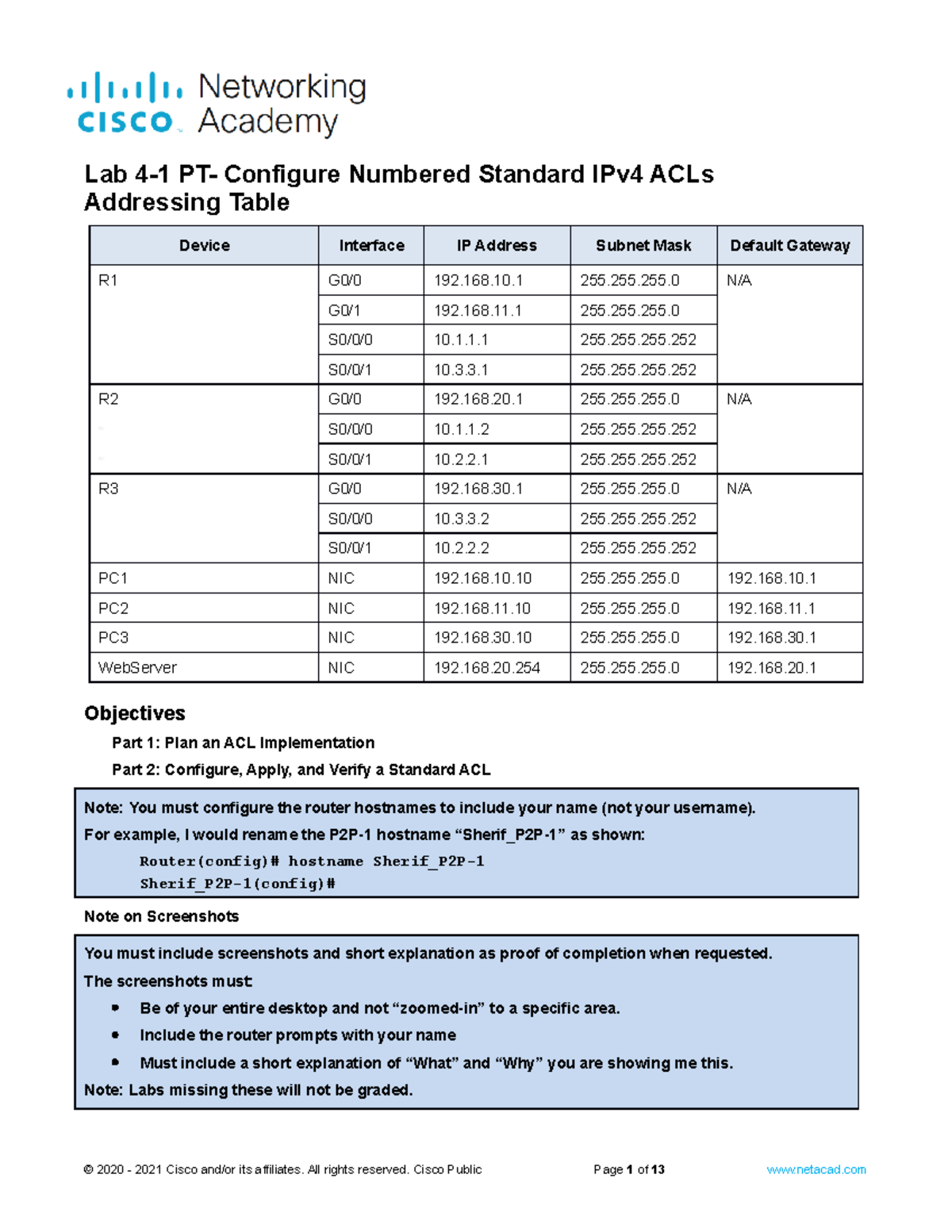 Lab 4-1 Packet Tracer - Student Configure Numbered Standard IPv4 ACLs - Addressing Table Device ...