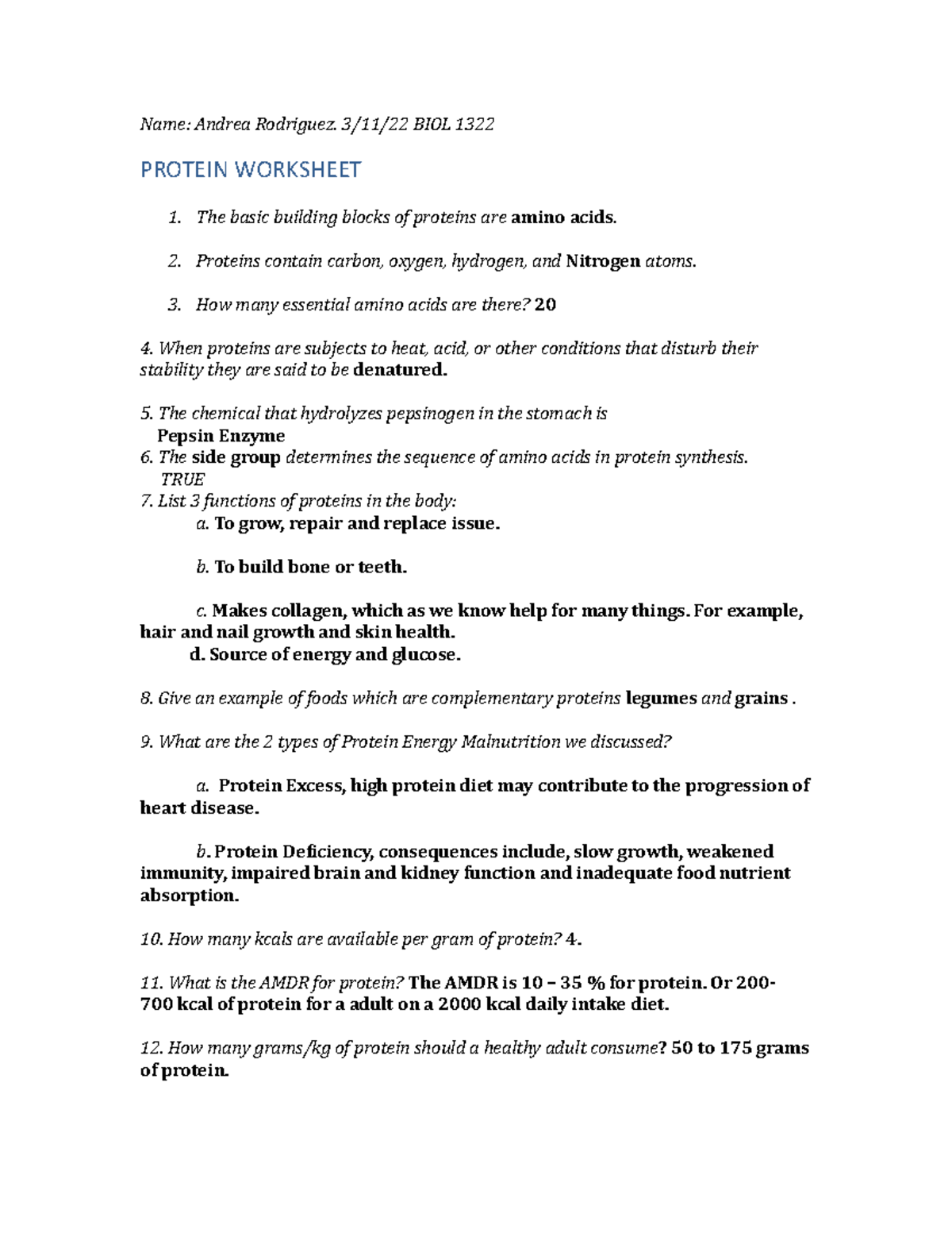 Protein Worksheet for CHEM 1406 - Name: Andrea Rodriguez. 3/11/22 BIOL ...