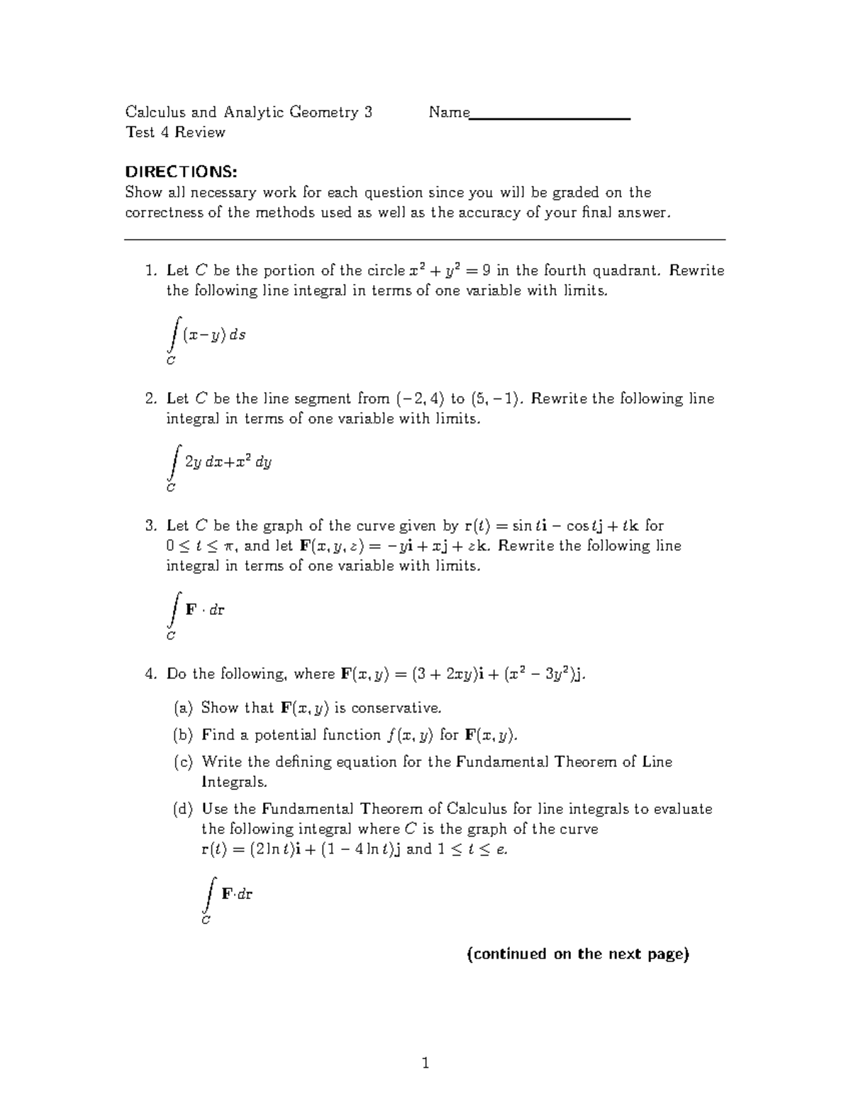 Calc 3 Test4 Review 2023 Fall - Calculus and Analytic Geometry 3 Name ...