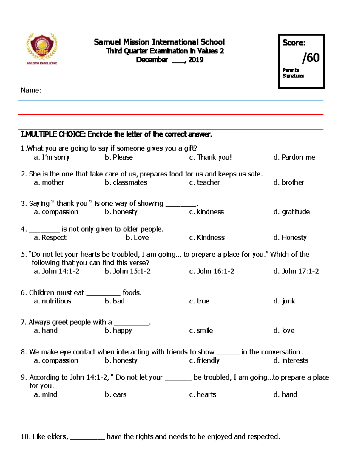EXAM IN Values Education Samuel Mission International School Third