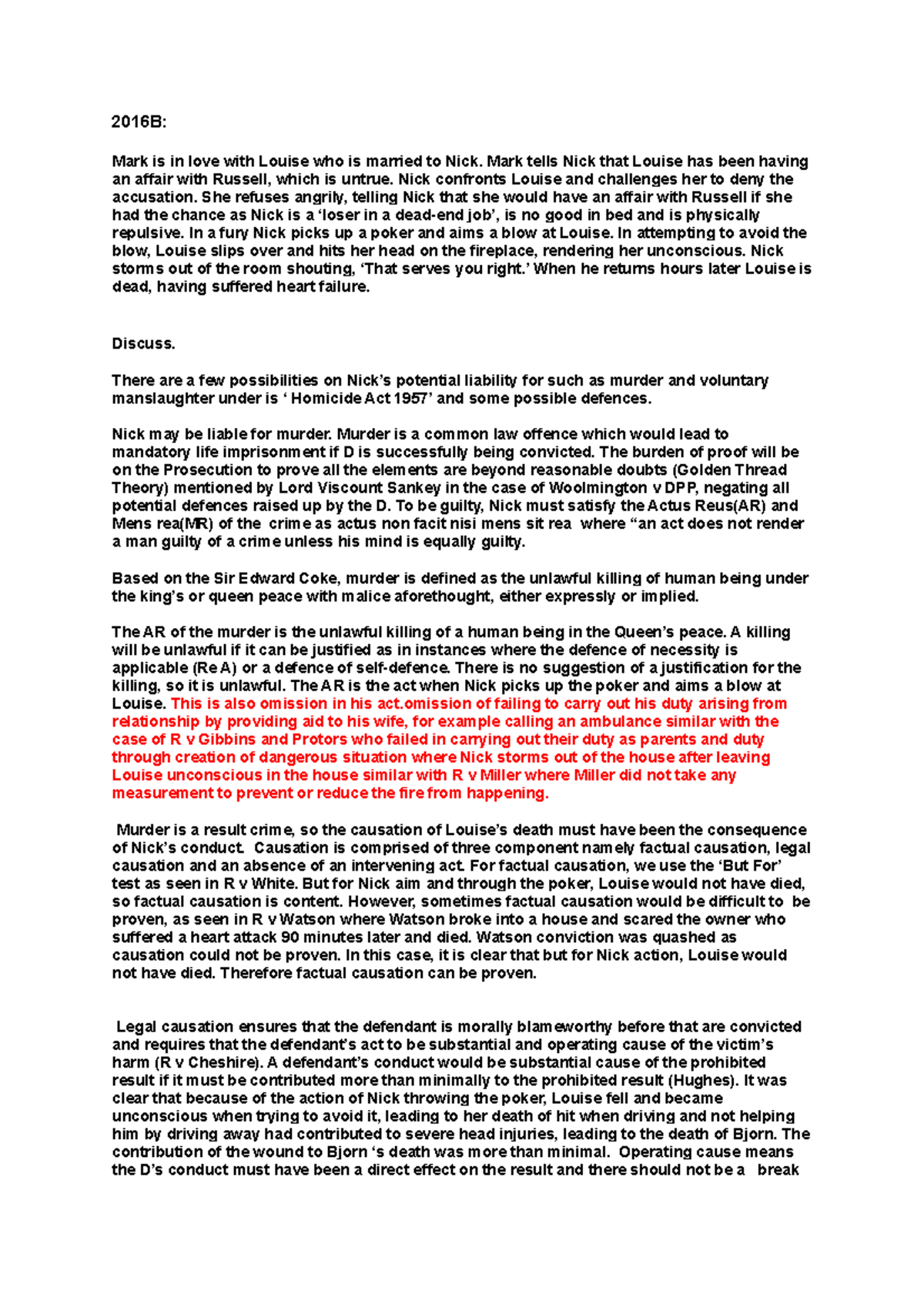 2016 B - a sample essay on homicide - 2016B: Mark is in love with ...