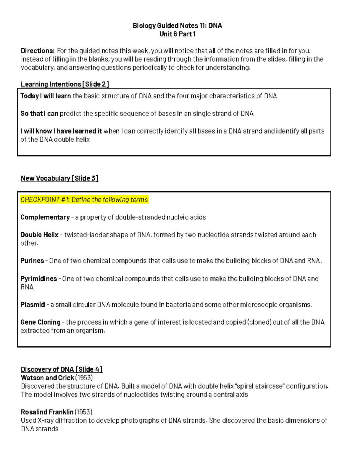 2-Guided Notes #11 - basic structure of dna and the four major ...