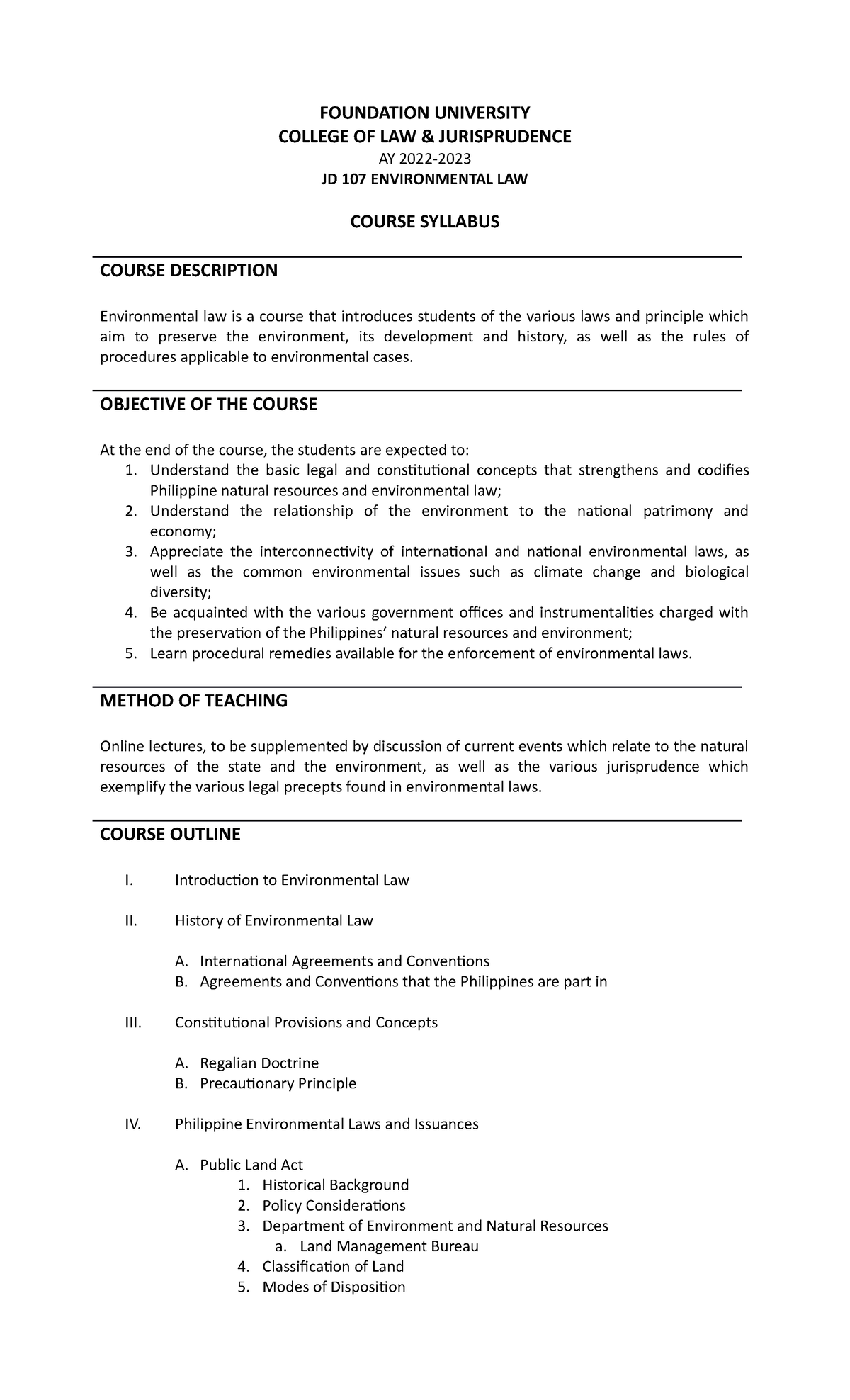 Environmental Law Syllabus - FOUNDATION UNIVERSITY COLLEGE OF LAW ...