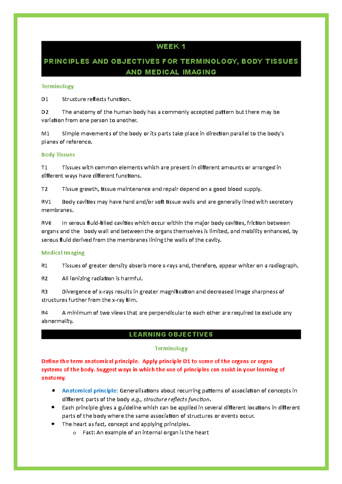 Week 1- Terms, Tissues and Imaging- WEEK 1 PRINCIPLES AND OBJECTIVES ...