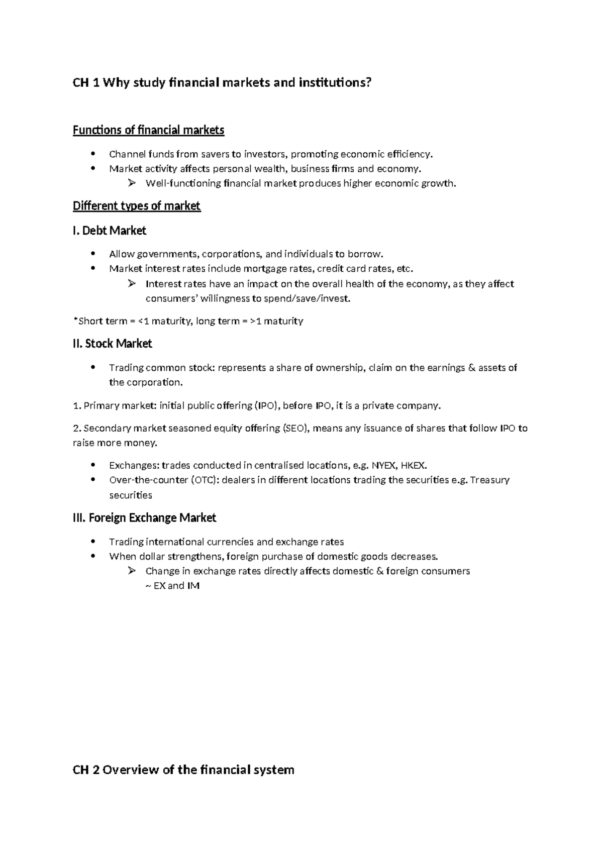 FINA2330 CH1-2 notes - CH 1 Why study financial markets and ...