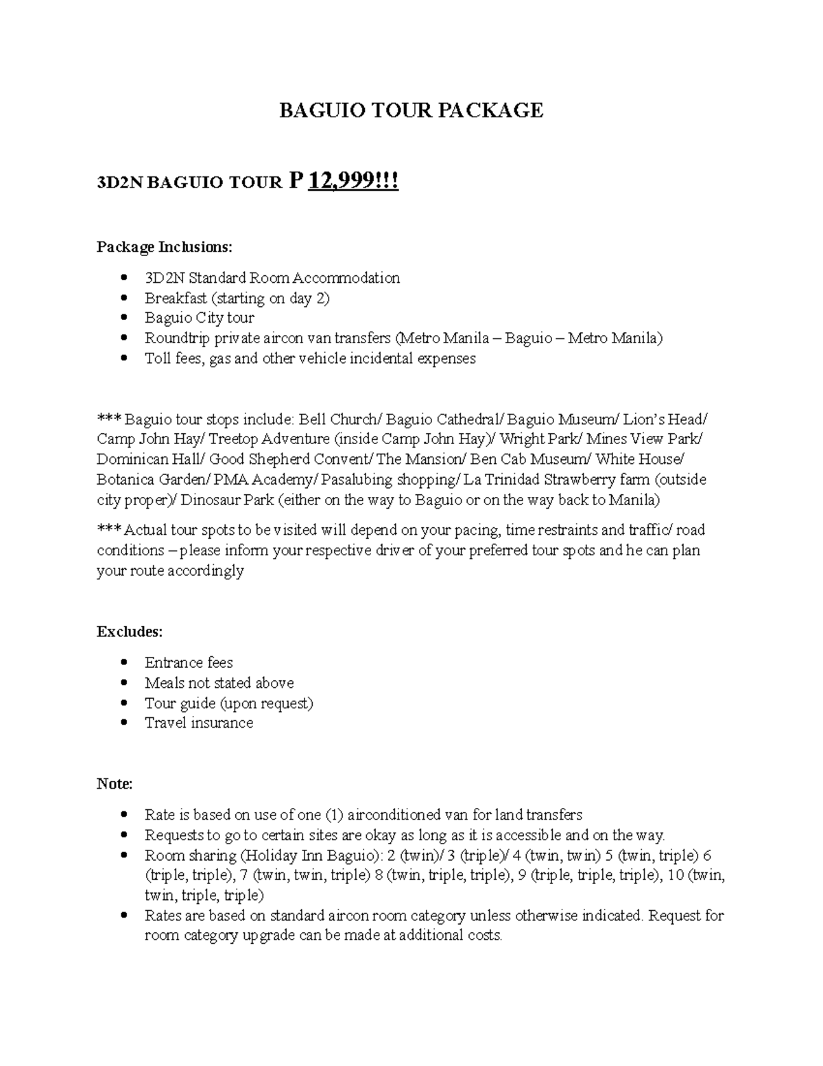 Baguio TOUR Package - this is for hospitality management program ...