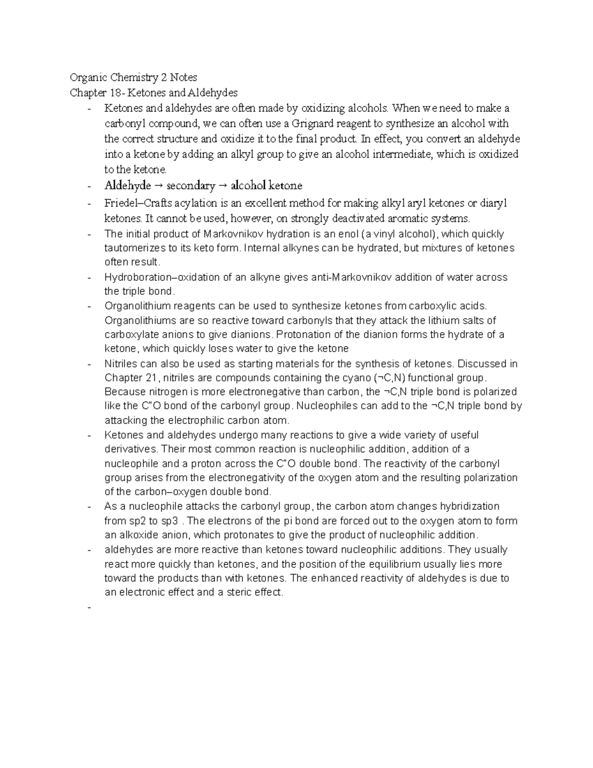 Orgo 2 Notes - Organic Chemistry 2 Notes Chapter 18- Ketones and ...