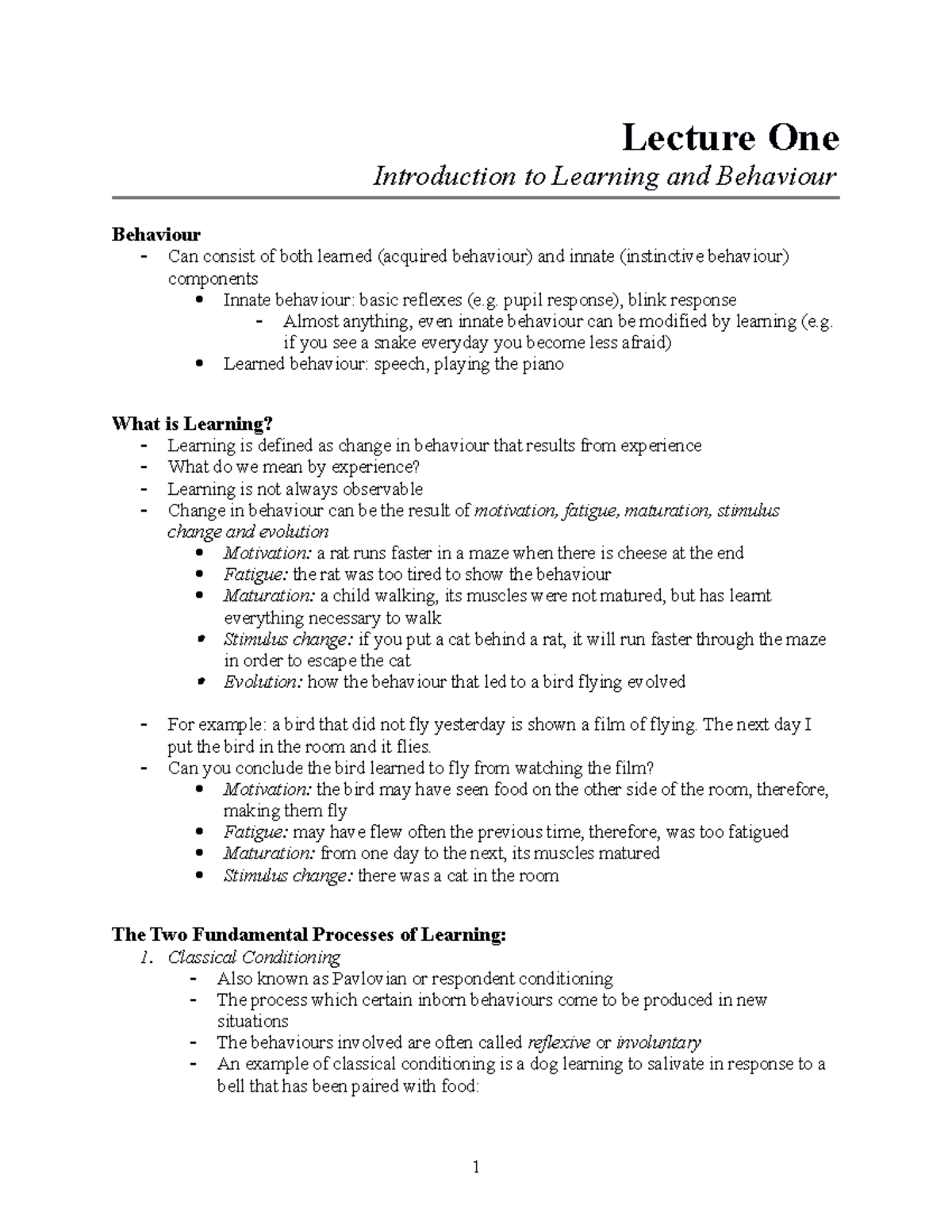 Psyc 3306 Lecture Notes Lecture One Introduction To Learning And Behaviour Behaviour Can