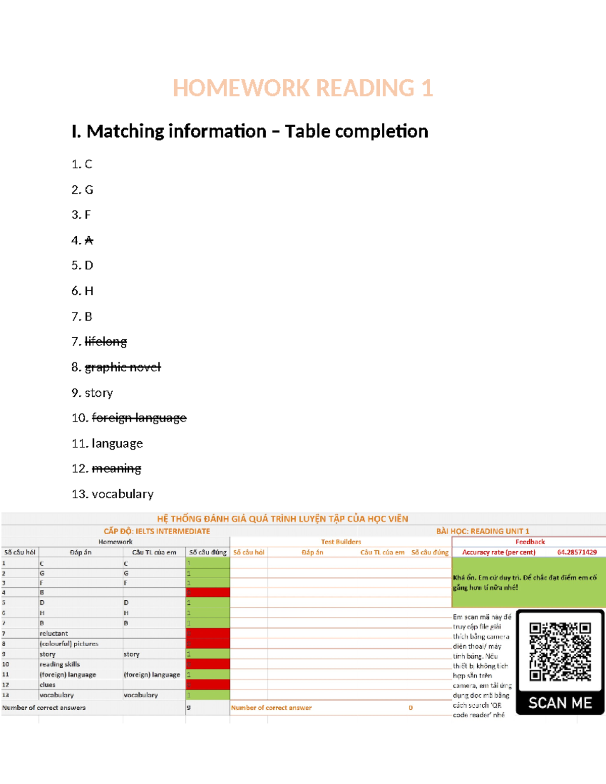 Homework Reading 1 - tiếng anh 7 - HOMEWORK READING 1 I. Matching ...