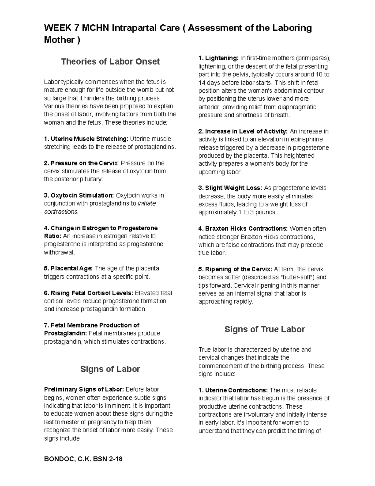 MCHN WEEK 7 - Mother ) Theories of Labor Onset Labor typically ...