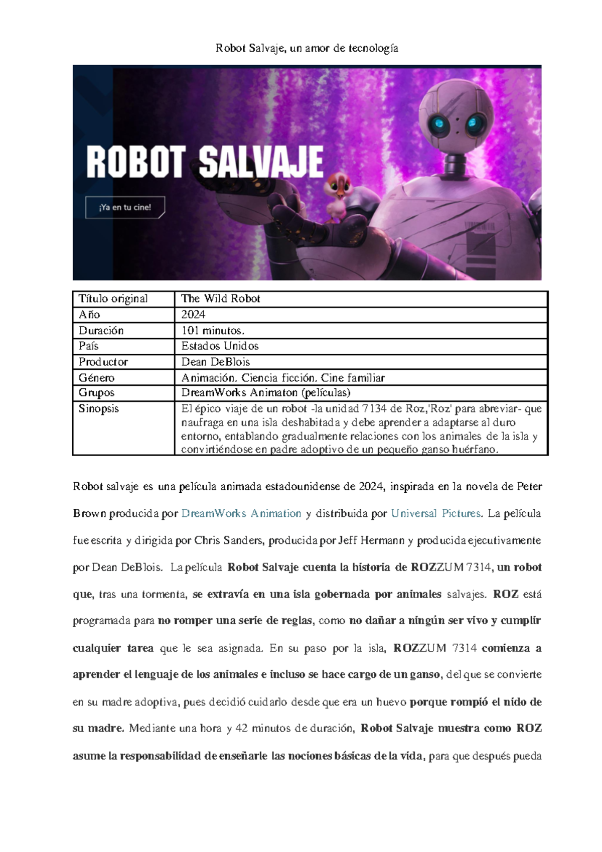 Reseña critica robot salvaje - Robot Salvaje, un amor de tecnología ...